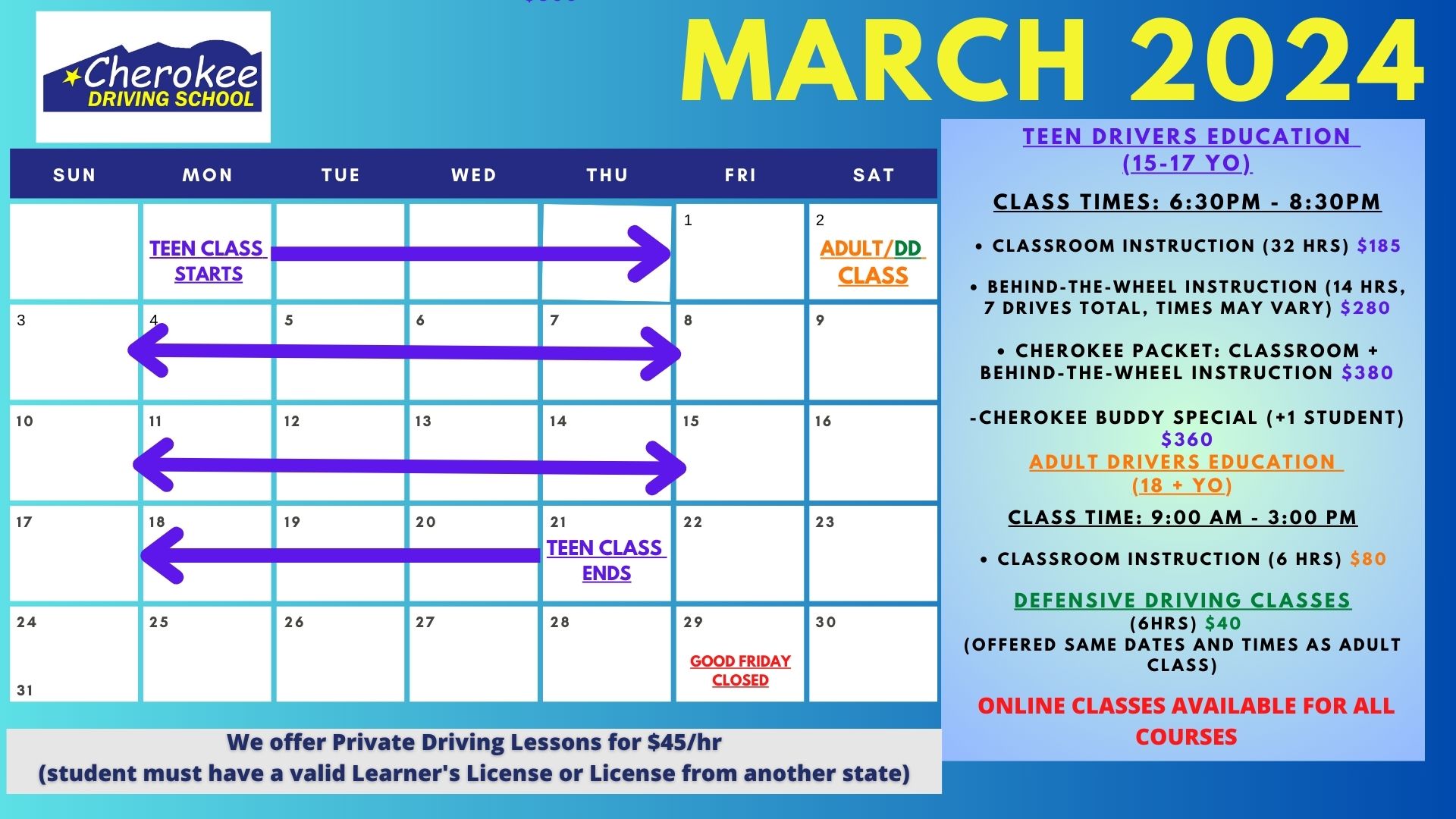 Calendar | Cherokee Driving School